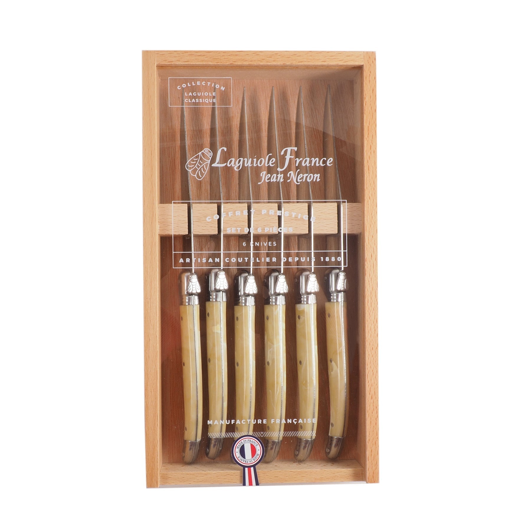 Laguiole 6 Piece Steak Knife Set, Pale Horn in Wood Box with Acrylic L ...